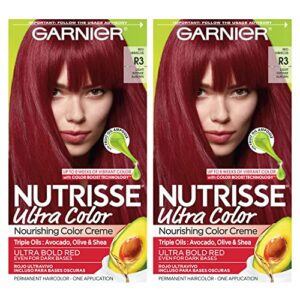 garnier hair color nutrisse ultra color nourishing creme, r3 light intense auburn (red hibiscus) permanent hair dye, 2 count (packaging may vary)