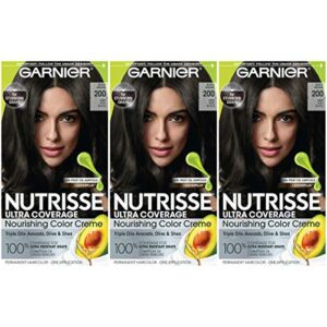 garnier hair color nutrisse ultra coverage nourishing creme, 200 deep soft black (black sesame) permanent hair dye, 3 count (packaging may vary)