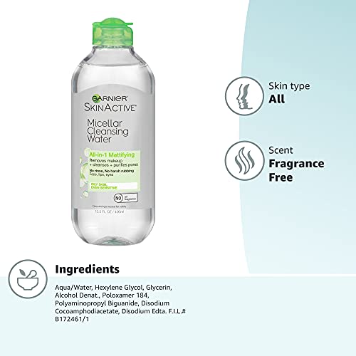 Garnier SkinActive Micellar Water for Oily Skin, Facial Cleanser & Makeup Remover, 13.5 fl. oz, 1 count (Packaging May Vary)