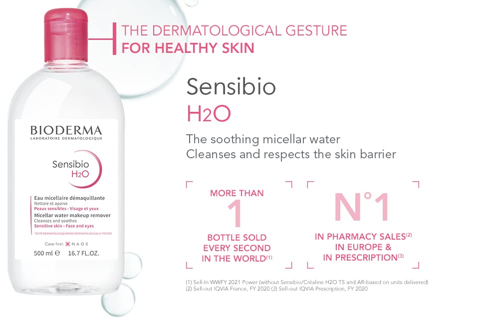 Bioderma Sensibio H2O Soothing Micellar Cleansing Water and Makeup Removing Solution for Sensitive Skin, Face and Eyes