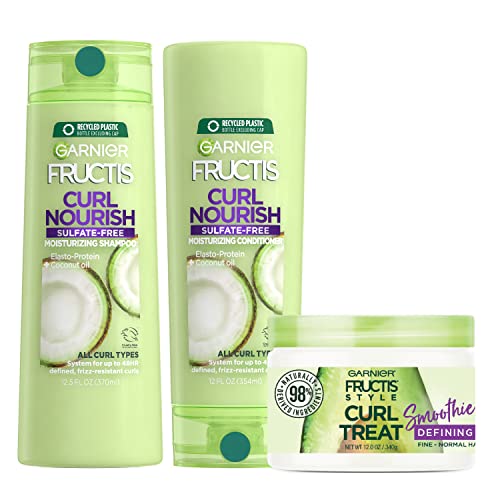 Garnier Hair Care Fructis Curl Nourish Shampoo, Conditioner, & Natural Styling Curl Treat Smoothie, Nourish for Frizz Resistant Curls, Frizz Free up to 24 Hours, Paraben Free,1 Kit