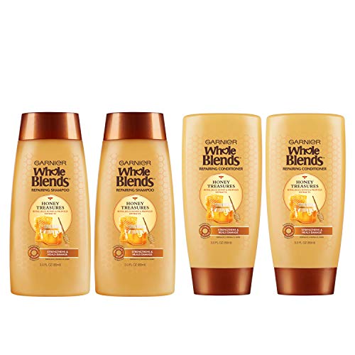 Garnier Whole Blends Repairing Shampoo Honey Treasures, for Damaged Hair, 3 Fl. Oz with Repairing Conditioner Honey Treasures, 3 Fl. Oz