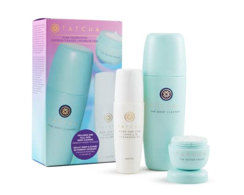 TATCHA Pore-Perfecting Double Cleanser + Hydrate Trio Set: The Deep Cleanse 5 oz, Pure One Step Camellia Cleansing Oil 1.7 oz & The Water Cream 0.33 oz