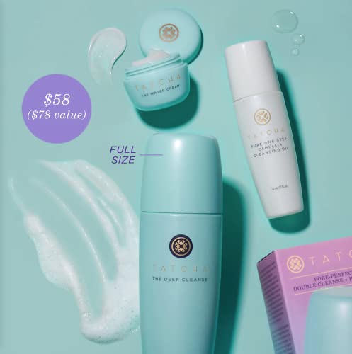 TATCHA Pore-Perfecting Double Cleanser + Hydrate Trio Set: The Deep Cleanse 5 oz, Pure One Step Camellia Cleansing Oil 1.7 oz & The Water Cream 0.33 oz