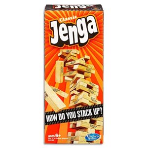 jenga classic game with genuine hardwood blocks, stacking tower game for 1 or more players, kids ages 6 and up