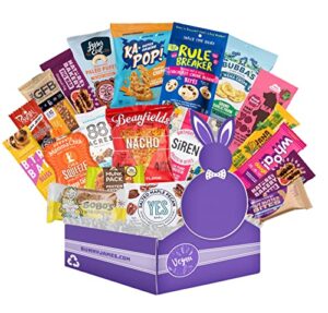 healthy vegan snacks care package: mix of vegan cookies, protein bars, chips, vegan jerky, fruit & nut snacks, great vegan gift basket alternative