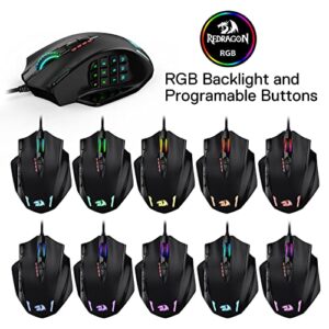 Redragon M908 Impact RGB LED MMO Mouse with Side Buttons Optical Wired Gaming Mouse with 12,400DPI, High Precision, 20 Programmable Mouse Buttons