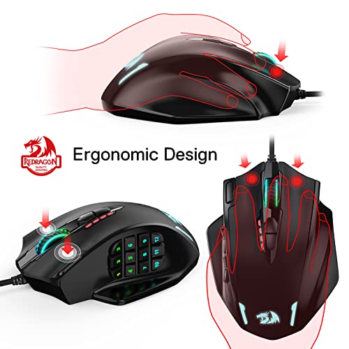 Redragon M908 Impact RGB LED MMO Mouse with Side Buttons Optical Wired Gaming Mouse with 12,400DPI, High Precision, 20 Programmable Mouse Buttons