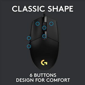 Logitech G203 Wired Gaming Mouse, 8,000 DPI, Rainbow Optical Effect LIGHTSYNC RGB, 6 Programmable Buttons, On-Board Memory, Screen Mapping, PC/Mac Computer and Laptop Compatible - Black