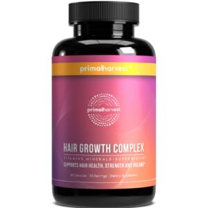 hair growth vitamins by primal harvest, hair growth for women & men – 60 hair growth pills, natural hair thickening products for women & men w/ biotin & zinc – hair supplement, regrowth hair vitamins