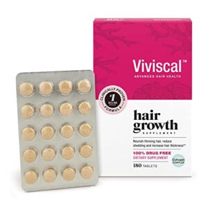 viviscal women’s hair growth supplements with proprietary collagen complex, 1 selling for clinically proven results of thicker, fuller hair; nourish thinning hair (180 tablets – 3 month supply)