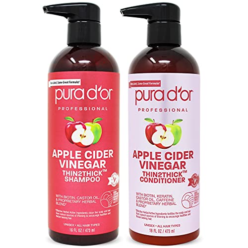 PURA D'OR Apple Cider Vinegar Thin2Thick Set (16oz x 2) ACV Shampoo & Conditioner, Clarifying, Detox - Biotin, Keratin, Caffeine, Castor Oil, Aloe - All Hair Types, Men & Women (Packaging may vary)