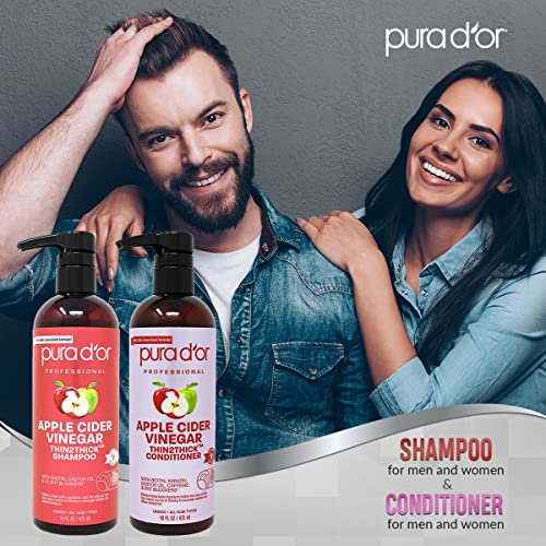 PURA D'OR Apple Cider Vinegar Thin2Thick Set (16oz x 2) ACV Shampoo & Conditioner, Clarifying, Detox - Biotin, Keratin, Caffeine, Castor Oil, Aloe - All Hair Types, Men & Women (Packaging may vary)