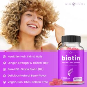 Biotin Gummies 10000mcg [Highest Potency] for Healthy Hair, Skin & Nails Vitamins for Women, Men & Kids - 5000mcg in Each Hair Vitamins Gummy - Vegan, Non-GMO, Hair Growth Supplement