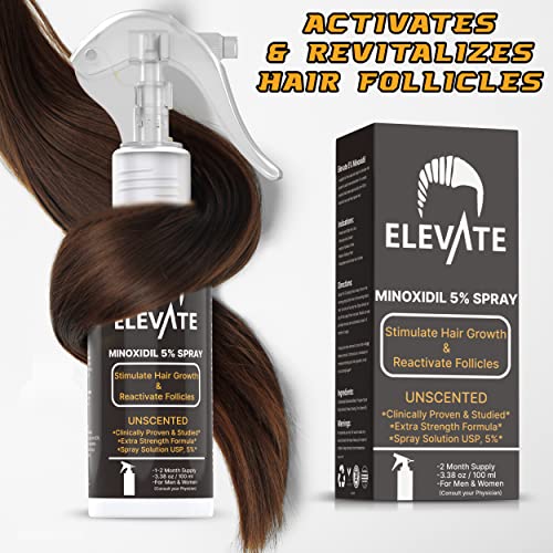 ELEVATE 5% Minoxidil Hair Growth Spray - Extra Strength Professional Treatment for Hair Loss and Hair Regrowth - Stimulate Hair Follicles for Men & Women - 1 to 2 Month Supply 100ml