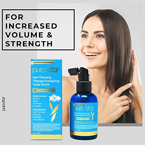 PURA D'OR Scalp Therapy Energizing Scalp Serum Revitalizer (4oz) with Argan Oil, Biotin, Caffeine, Stem Cell, Catalase & DHT Blockers, All Hair Types, Men & Women (Packaging may vary)