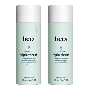 hers triple threat shampoo and conditioner set for women- thickening, moisturizing, reduces shedding- color safe hair loss shampoo and conditioner- 2 pack, 6.4oz