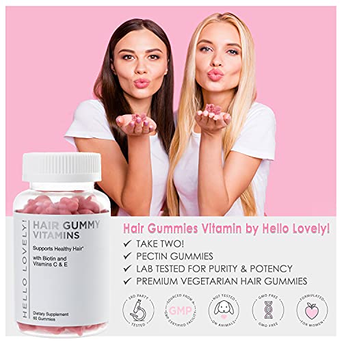 Hello Lovely! Hair Vitamins Gummies with Biotin 5000 mcg Vitamin E & C Support Hair Growth, Premium Vegetarian Non-GMO, for Stronger Beautiful Hair & Nails, Biotin Gummies Supplement - 60 Gummy Bears