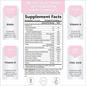 Hello Lovely! Hair Vitamins Gummies with Biotin 5000 mcg Vitamin E & C Support Hair Growth, Premium Vegetarian Non-GMO, for Stronger Beautiful Hair & Nails, Biotin Gummies Supplement - 60 Gummy Bears