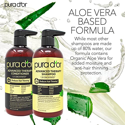 PURA D'OR Anti-Thinning Advanced Therapy Biotin Shampoo & Conditioner Hair Care Set, Clinically Proven, DHT Blocker Hair Thickening Products For Women & Men, Natural Daily Routine Shampoo, 16oz x 2