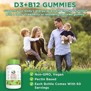 Vitamin D3 + Vitamin B12 | 2 Month Supply | Vitamin D & B12 Vitamin Supplements for Adults & Kids | Supports Bone Health | Promotes Energy Boost | Vegan | Non-GMO | Gluten Free | 60 Servings