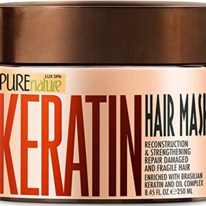 PURE NATURE LUX SPA Keratin Hair Mask - Hydrating and Moisturizing Treatment for Dry, Damaged Hair and Split Ends - Deep Conditioner Repair Products for Women - Ideal for Curly and Frizzy Hair