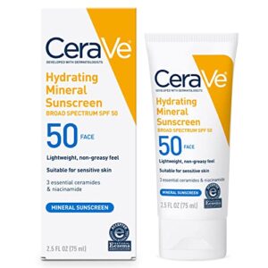 cerave 100% mineral sunscreen spf 50 | face sunscreen with zinc oxide & titanium dioxide for sensitive skin | with hyaluronic acid, niacinamide, and ceramides | 2.5 oz