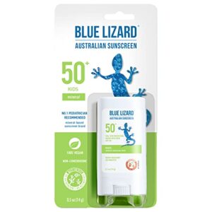 blue lizard mineral sunscreen stick with zinc oxide spf 50+ water resistant uva/uvb protection easy to apply fragrance free, kids, unscented, 5 oz