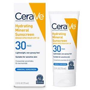 cerave 100% mineral sunscreen spf 30 | face sunscreen with zinc oxide & titanium dioxide for sensitive skin | with hyaluronic acid, niacinamide, and ceramides | 2.5 oz