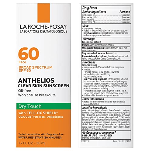 La Roche-Posay Anthelios Clear Skin Dry Touch Sunscreen SPF 60, Oil Free Face Sunscreen for Acne Prone Skin, Won't Cause Breakouts, Non-Greasy, Oxybenzone Free