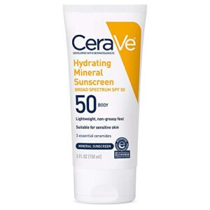 cerave 100% mineral sunscreen spf 50 | body sunscreen with zinc oxide & titanium dioxide for sensitive skin | with hyaluronic acid and ceramides | 5 oz