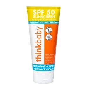 thinkbaby spf 50+ baby sunscreen – safe, natural sunblock for babies – water resistant sun cream – broad spectrum uva/uvb sun protection – vegan mineral sun lotion, 6oz