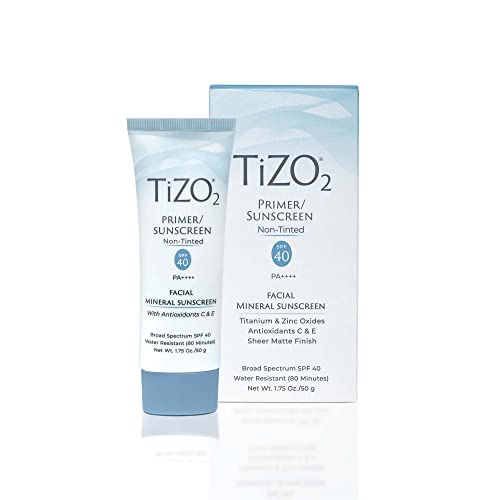 TiZO2 Facial Mineral Sunscreen and Primer, Non-tinted Broad Spectrum SPF 40 with Antioxidants, Sheer matte finish, Fragrance-Free, Oil-Free, Dermatologist-recommended, PA++++ 1.75 oz