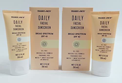 Trader Joe’s Daily Facial Sunscreen - Broad Spectrum SPF 40 - Oil Free Invisible Gel Formula - 1.70 Fl Oz (2-Pack)