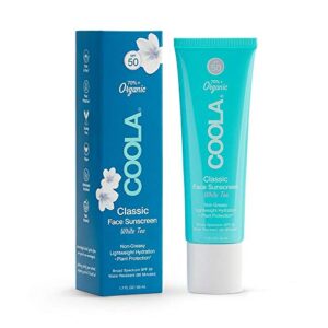 coola organic face sunscreen spf 50 sunblock lotion, dermatologist tested skin care for daily protection, vegan and gluten free, white tea, 1.7 fl oz