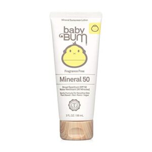 baby bum spf 50 sunscreen lotion | mineral uva/uvb face and body protection for sensitive skin | fragrance free | travel size | 3 fl oz