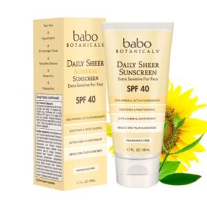 Babo Botanicals Daily Sheer Mineral Face Sunscreen Lotion SPF 40, Fragrance Free, 1.7 Fl Oz