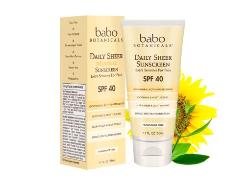 Babo Botanicals Daily Sheer Mineral Face Sunscreen Lotion SPF 40, Fragrance Free, 1.7 Fl Oz