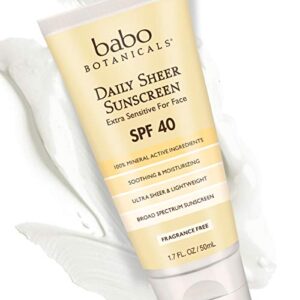 Babo Botanicals Daily Sheer Mineral Face Sunscreen Lotion SPF 40, Fragrance Free, 1.7 Fl Oz