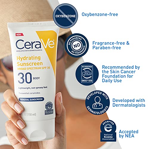 CeraVe 100% Mineral Sunscreen SPF 30 | Body Sunscreen with Zinc Oxide & Titanium Dioxide for Sensitive Skin | With Hyaluronic Acid and Ceramides | 5 oz