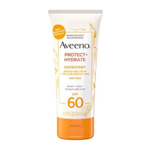 aveeno protect + hydrate moisturizing face sunscreen lotion with broad spectrum spf 60 & prebiotic oat, weightless & refreshing feel, paraben-free, oil-free, oxybenzone-free, 2.0 ounces