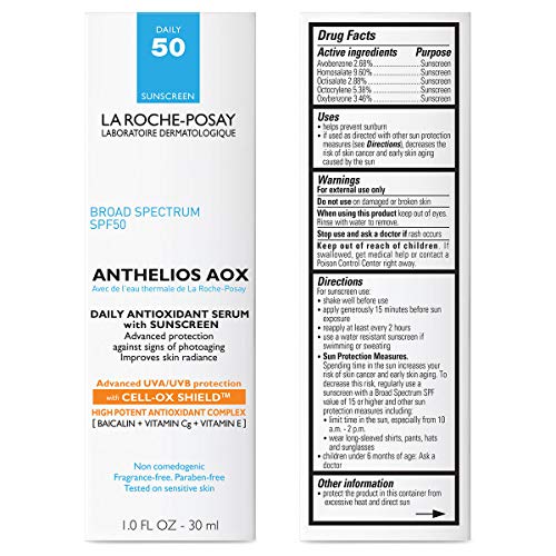 La Roche-Posay Anthelios AOX Daily Antioxidant Serum with SPF, Face Moisturizer with Sunscreen and Vitamin C & E, Oil Free Face Sunscreen for Sensitive Skin, Moisturizing Sun Protection