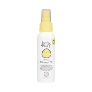 sun bum baby bum spf 50 sunscreen spray | mineral uva/uvb face and body protection for sensitive skin | fragrance free | travel size | 3 fl oz