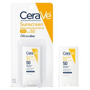 cerave mineral sunscreen stick for kids & adults | 100% mineral sunscreen, zinc oxide & titanium dioxide with hyaluronic acid and ceramides | broad spectrum spf 50 | fragrance free | 0.47 ounce