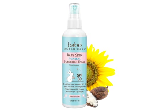 Babo Botanicals Baby Skin Mineral Sunscreen Spray SPF 30 with 100% Zinc Oxide Active, Water-Resistant, Unscented, 6 Fl Oz