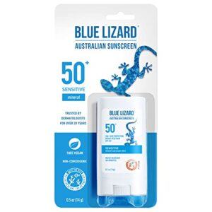 blue lizard sensitive mineral sunscreen stick with zinc oxide, spf 50+, water resistant, uva uvb protection easy to apply, fragrance free, 0.5 oz