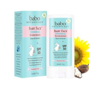 Babo Botanicals Baby Face Mineral Sunscreen Stick SPF 50 – with 70+% Organic Ingredients & Zinc Active – Water-Resistant & Fragrance-Free – 0.6 oz, 1-Pack