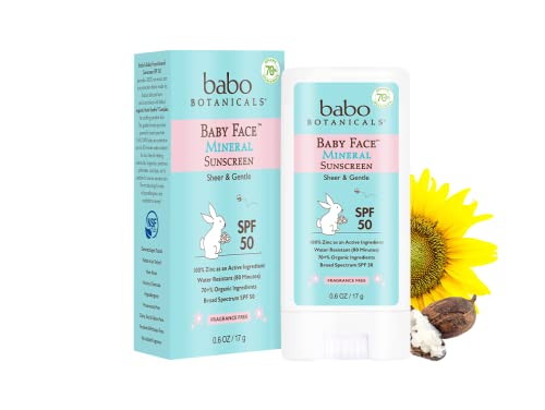 Babo Botanicals Baby Face Mineral Sunscreen Stick SPF 50 – with 70+% Organic Ingredients & Zinc Active – Water-Resistant & Fragrance-Free – 0.6 oz, 1-Pack