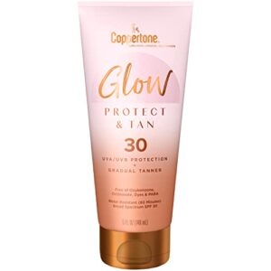 coppertone glow protect and tan sunscreen lotion with gradual self tanner, water resistant sunscreen spf 30, broad spectrum spf 30 sunscreen, 5 fl oz tube