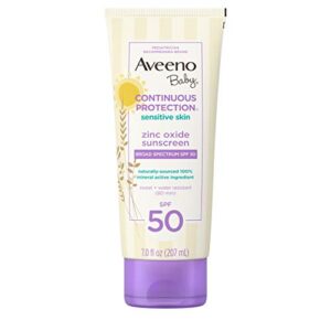 aveeno baby continuous protection zinc oxide mineral sunscreen lotion for sensitive skin, broad spectrum spf 50, tear-free, sweat- & water-resistant, paraben-free, non-greasy, 7 fl. oz